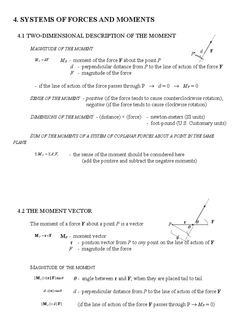 Systems of Forces and Moments: 4.1 Two-Dimensional Description of The ...