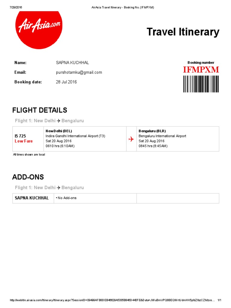 AirAsia Travel Itinerary for SAPNA | PDF | Business