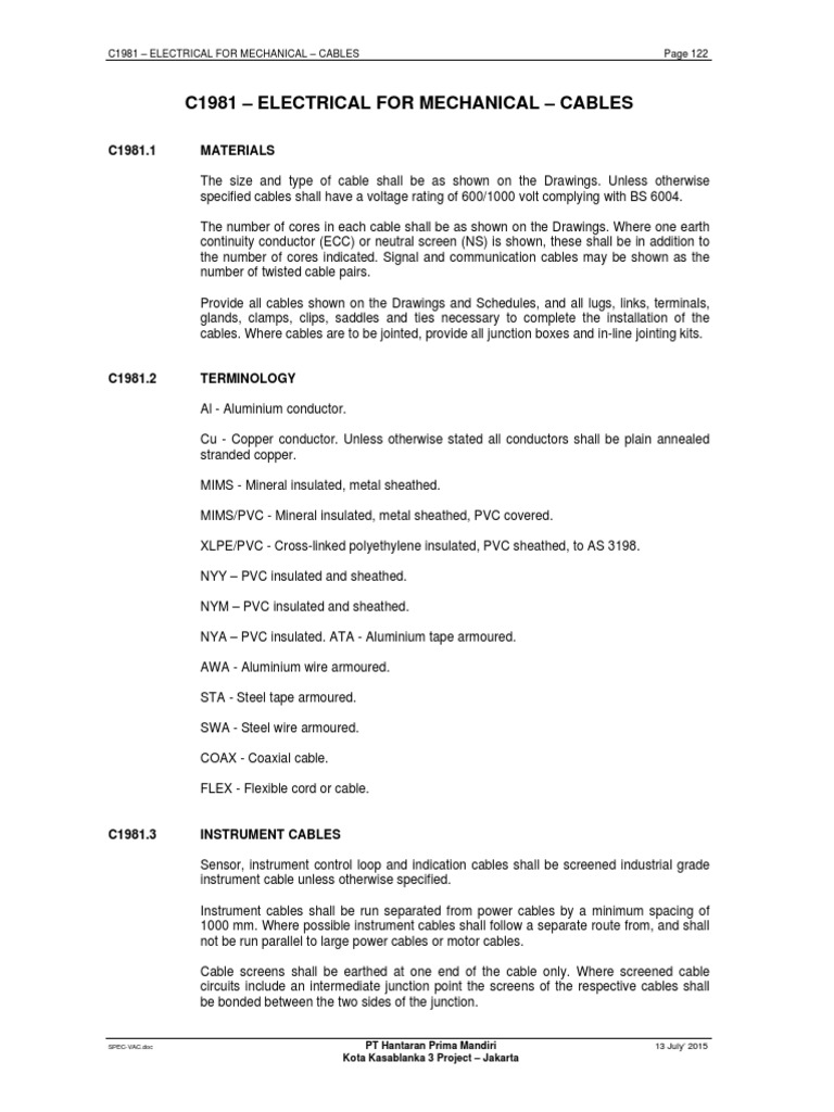 Electrical Cable Specifications for Projects | PDF | Computers ...