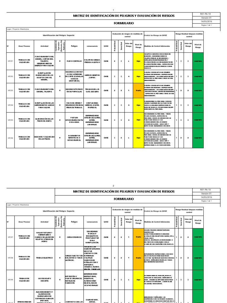 Formulario Matriz De Identificación De Peligros Y Evaluación De Riesgos