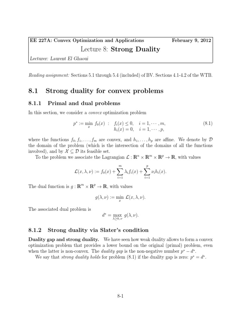 Lecture 8: Strong Duality: 8.1.1 Primal and Dual Problems | PDF | Functional Analysis ...