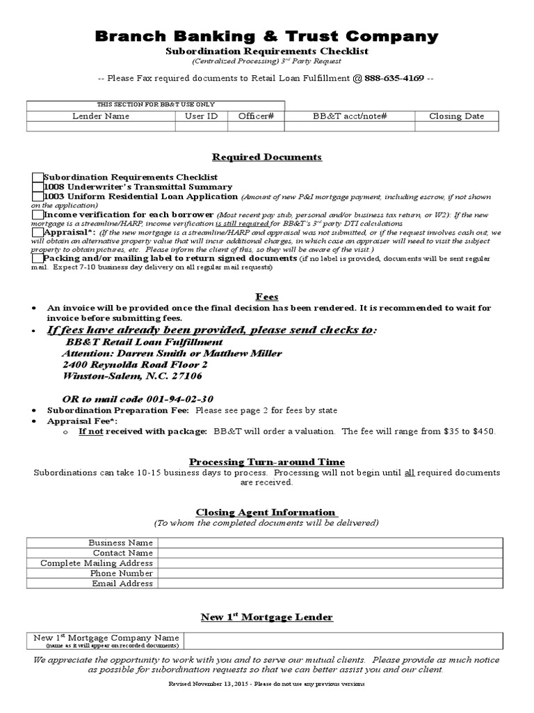 Subordination Requirements Checklist 3rd Party (Revised 11-13-2015 ...