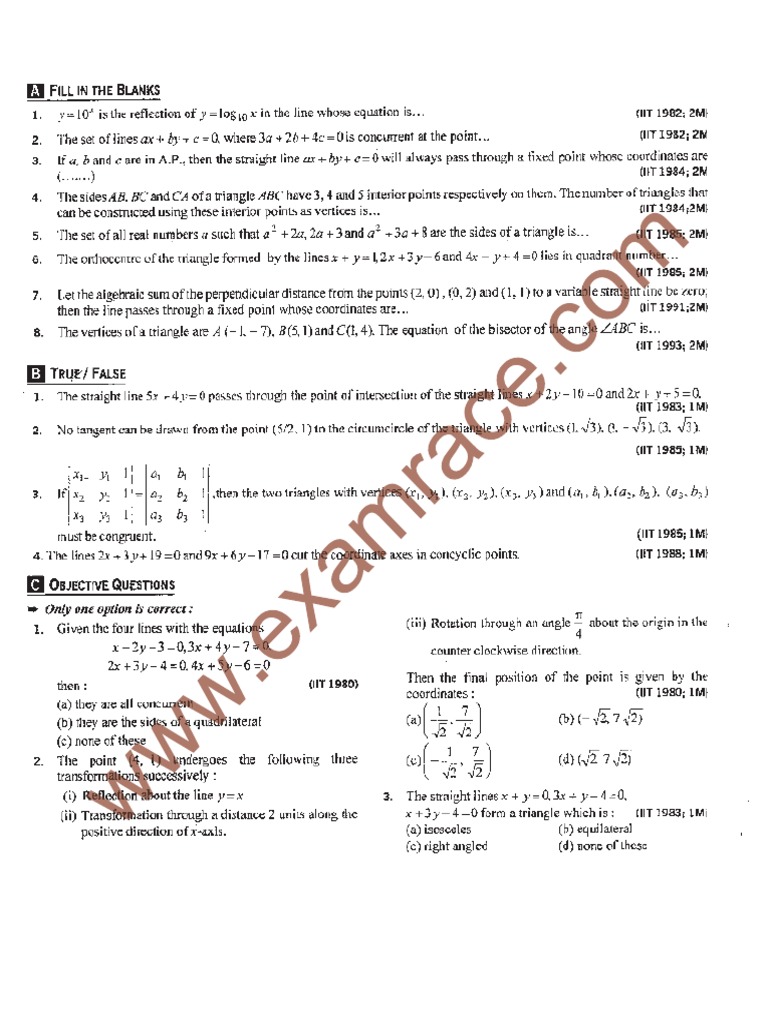 JEE Questions Straight Line | PDF | Triangle | Line (Geometry)