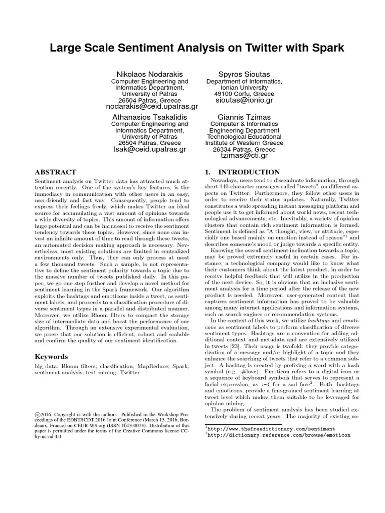 Large Scale Sentiment Analysis On Twitter With Spark: Nikolaos Nodarakis Spyros Sioutas | PDF ...