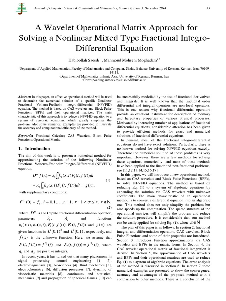 A Wavelet Operational Matrix Approach For Solving A Nonlinear Mixed Type Fractional Integro ...