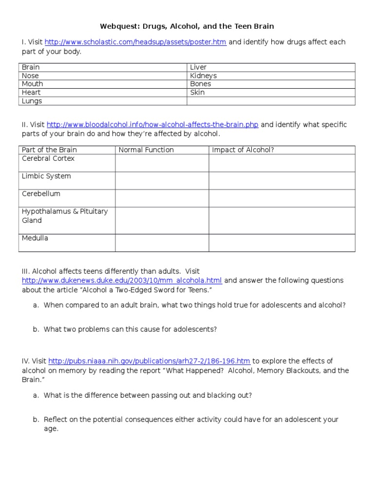 Webquest - Drugs, Alcohol, and The Teen Brain | PDF | Alcohol Abuse ...