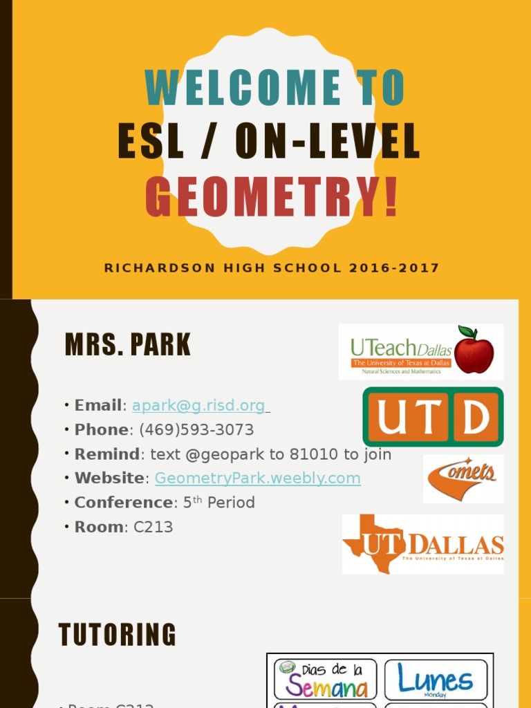 ESL Geometry Class Overview 2016-2017 | PDF | Quiz | Geometry