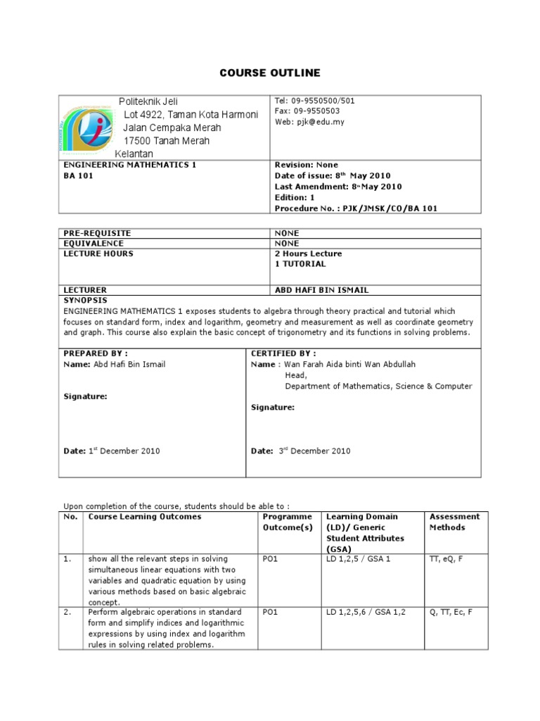 Course Outline | Trigonometric Functions | Quadratic Equation