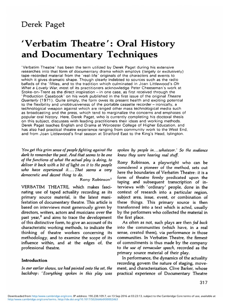 Verbatim Theatre Oral History and Documentary Techniques | PDF | Oral ...