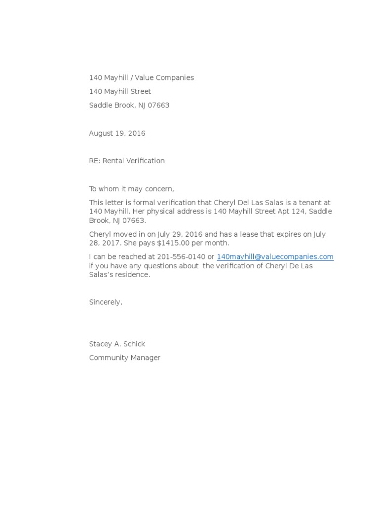Tenant Verification Letter | PDF