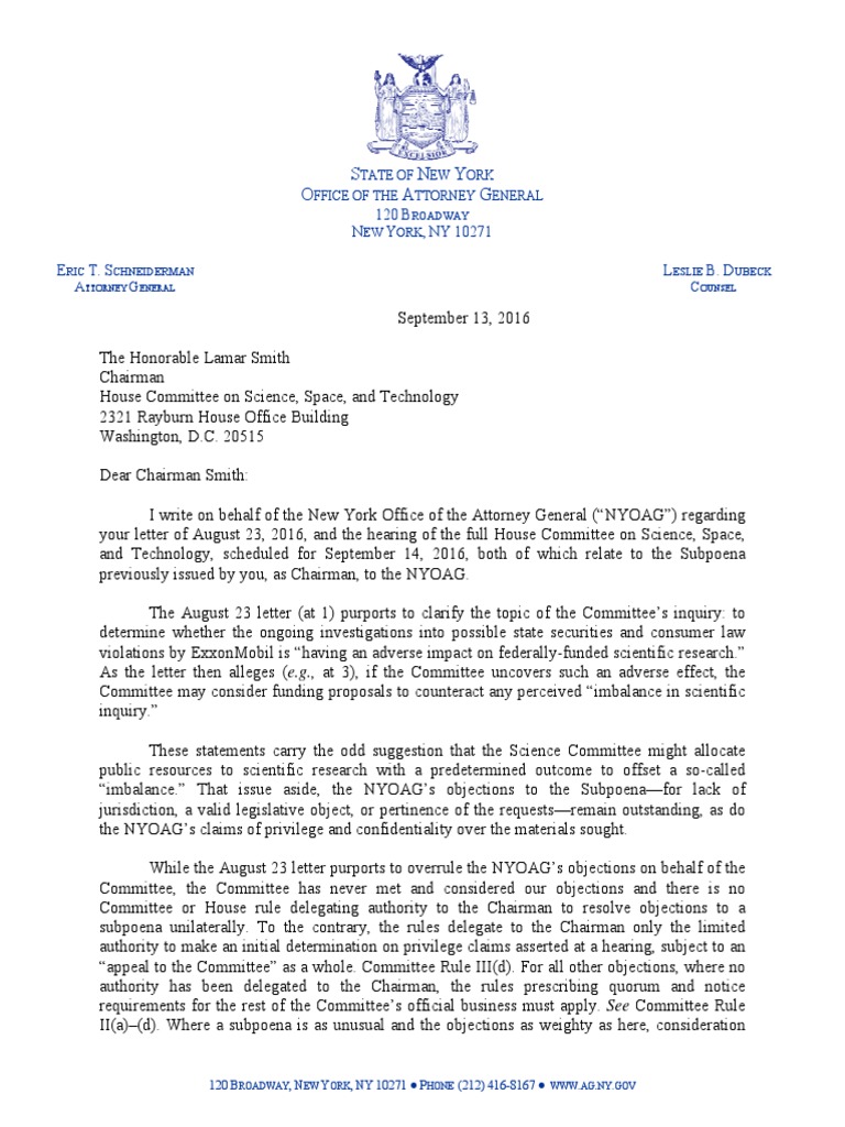 2016 09 13 NYOAG Letter To SST Prehearing | PDF | Congressional ...