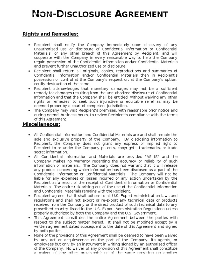 Non Disclosure Agreement Template | PDF | Confidentiality | Non ...
