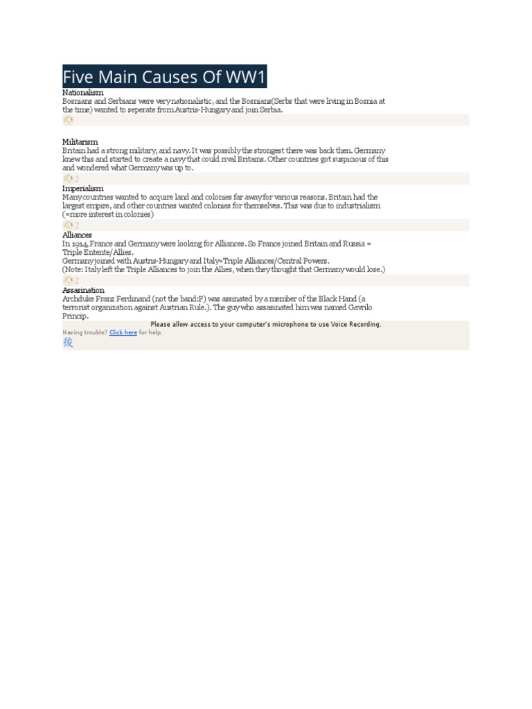 Five Main Causes of WW1 | PDF