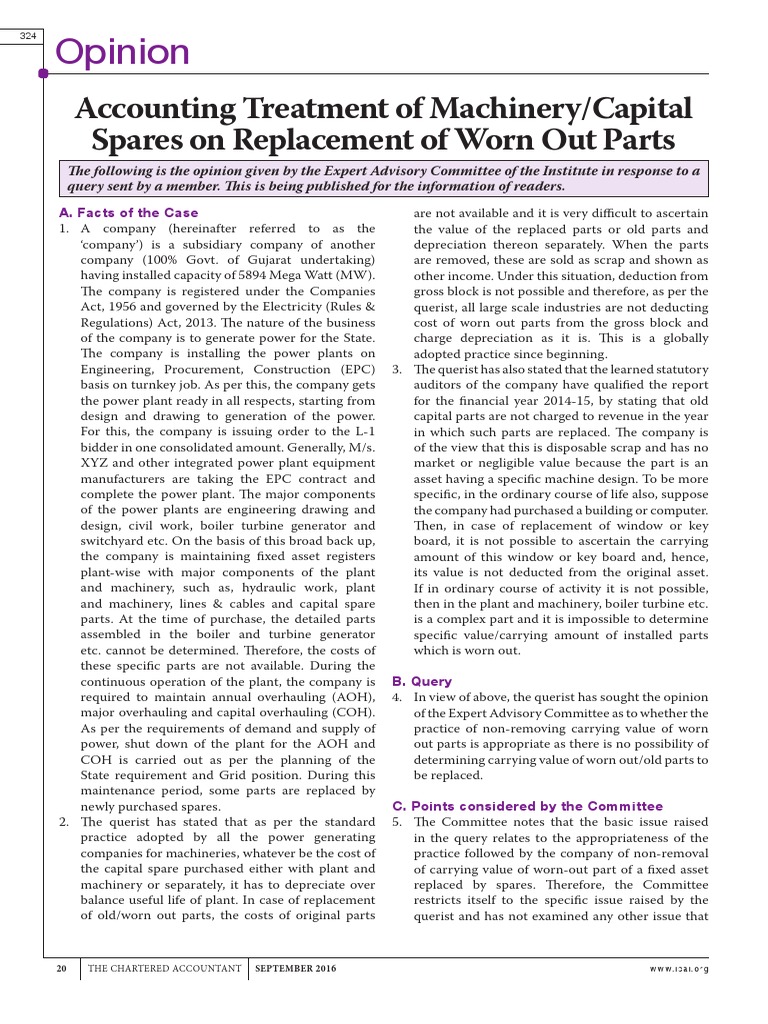 Opinion: Accounting Treatment of Machinery/Capital Spares On ...