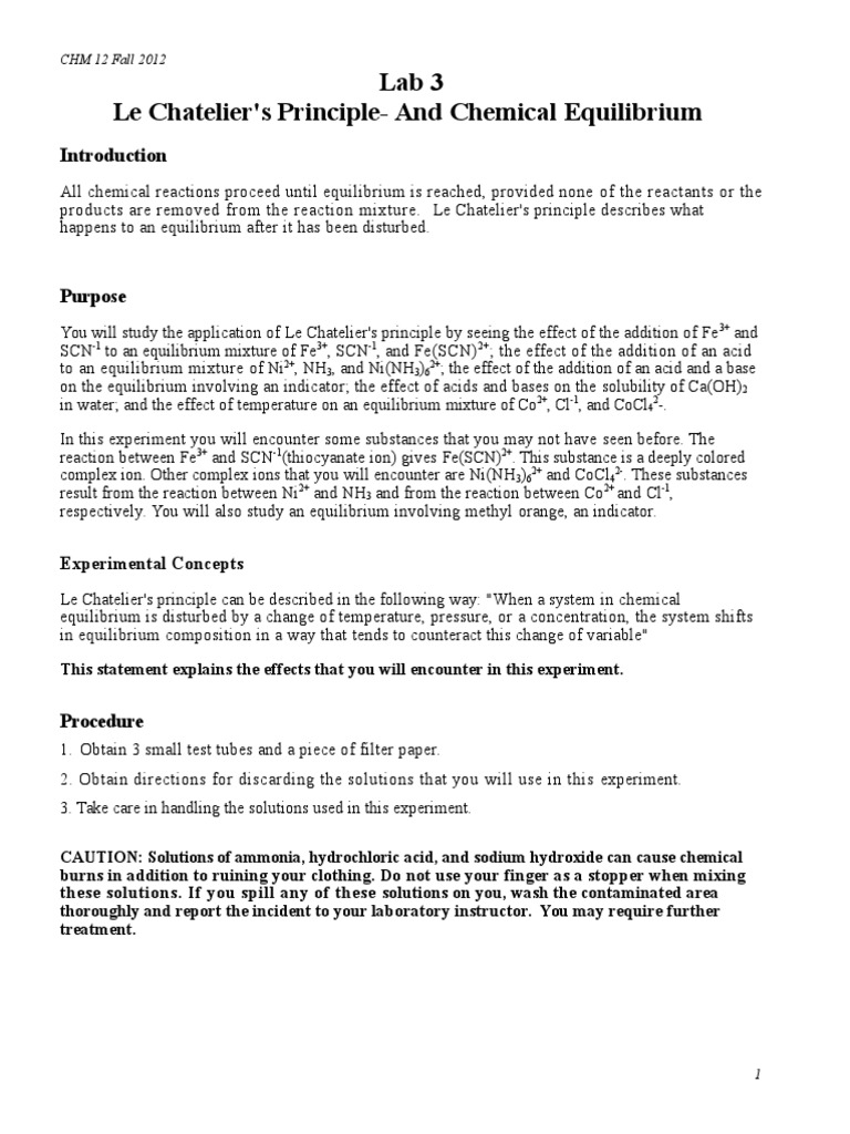 Le Chatelier's Principle Lab Experiment | PDF | Chemical Equilibrium | Chemical Reactions