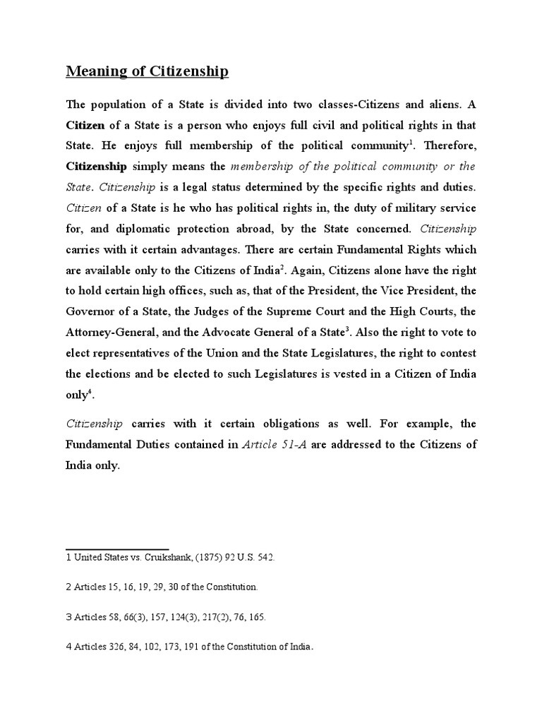 Meaning of Citizenship: Citizen of A State Is A Person Who Enjoys Full ...