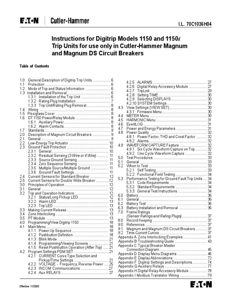 70 C 1036 Digitrip 11501150 I | PDF | Relay | Electrical Connector