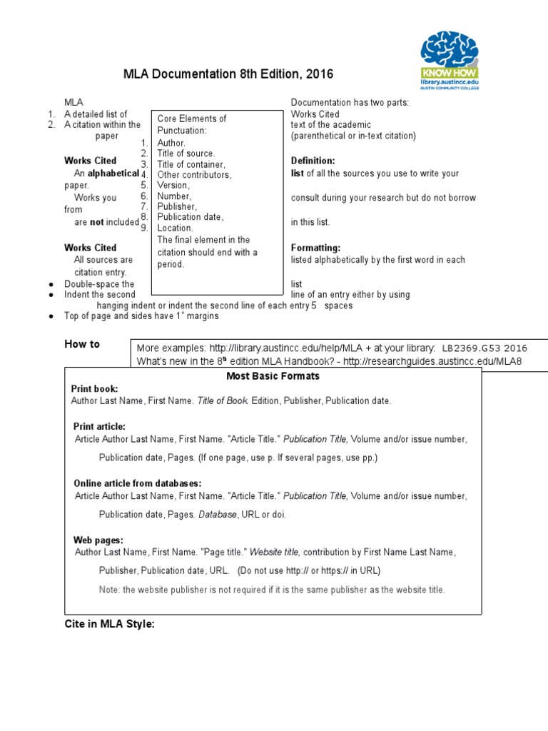 MLA Documentation 8th Edition, 2016: Works Cited Definition: List of ...