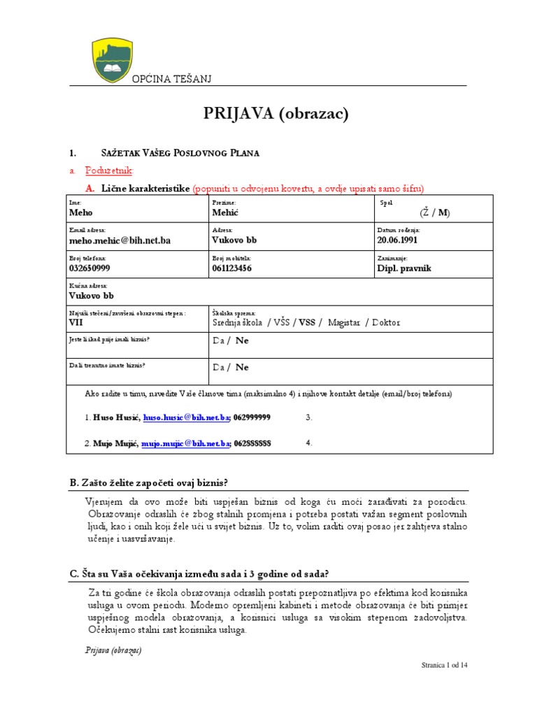 Primjer Prijave Na Projekat | PDF