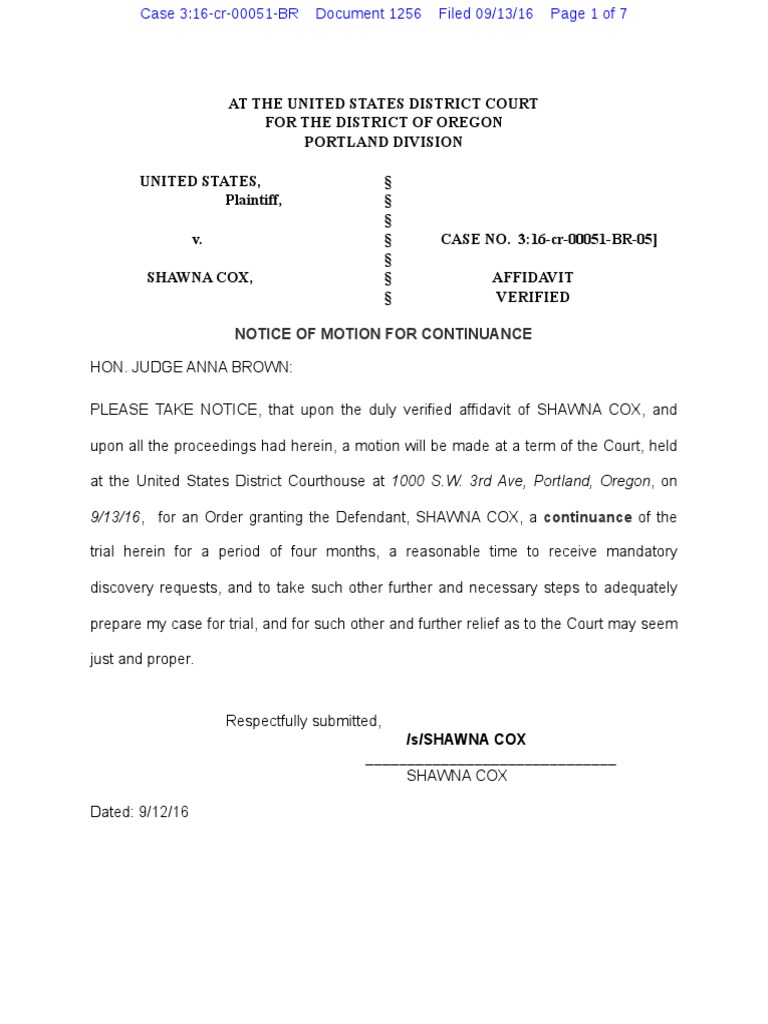 Shawna Cox Motion for Trial Continuance | PDF | Continuance | Affidavit