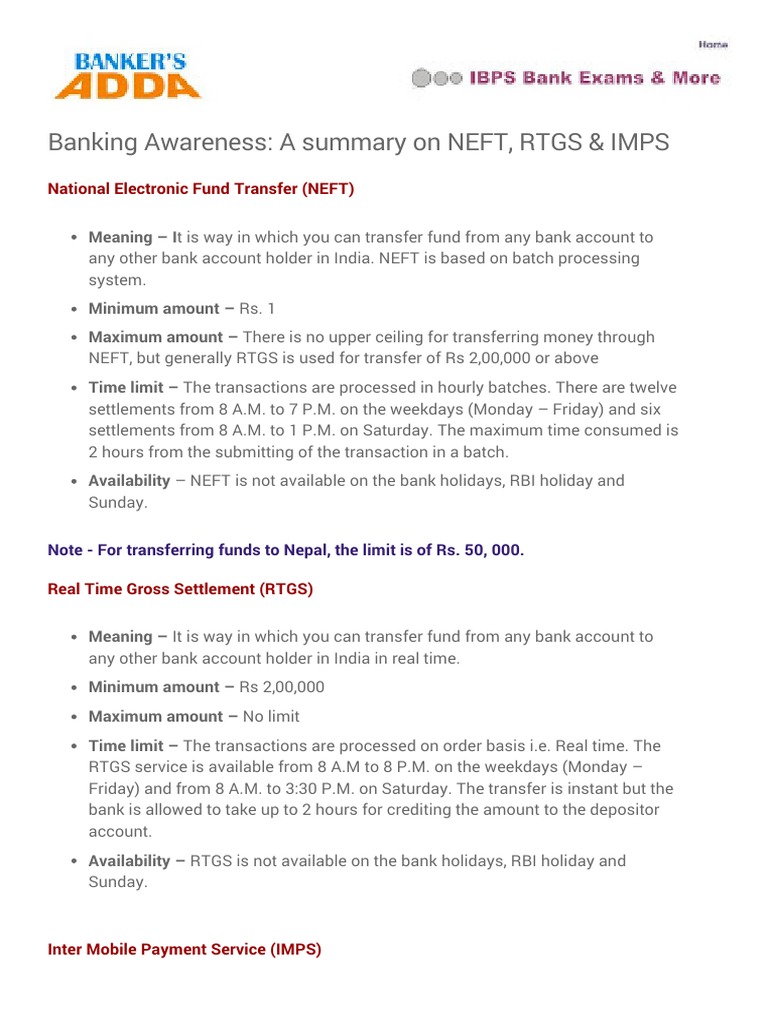 Banking Awareness: A Summary On NEFT, RTGS & IMPS: National Electronic ...