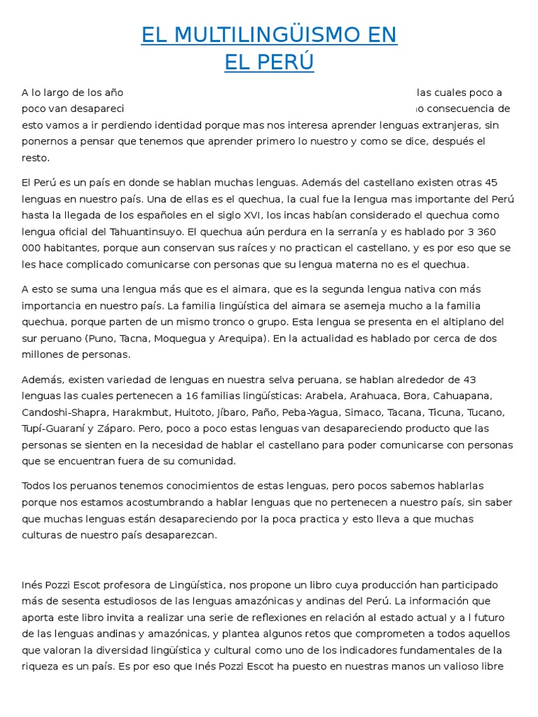 Multilinguismo en El Perú | PDF | Perú | Lengua española