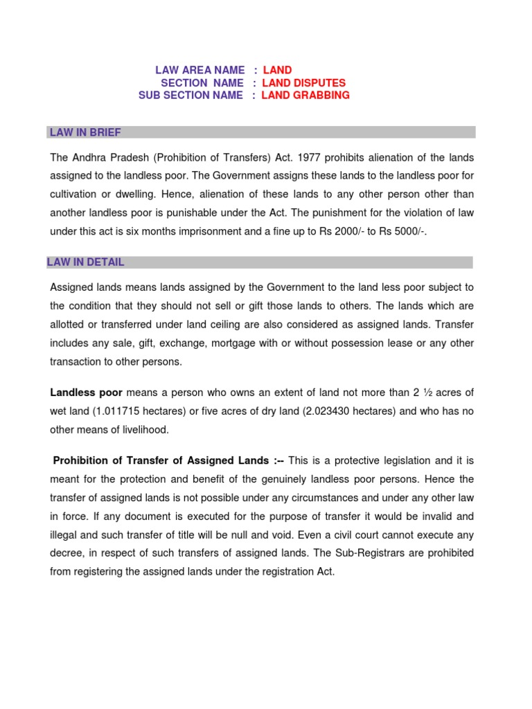 Law Area Name: Section Name: Sub Section Name:: Land Land Disputes Land ...