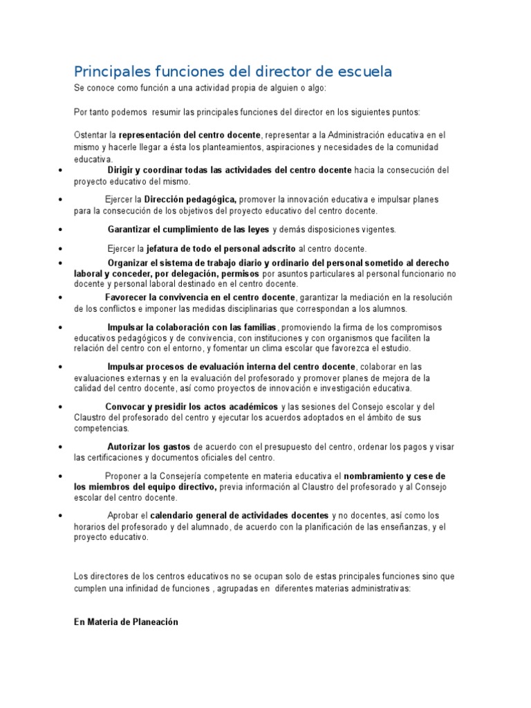 Principales Funciones Del Director de Escuela | PDF | Educación ...