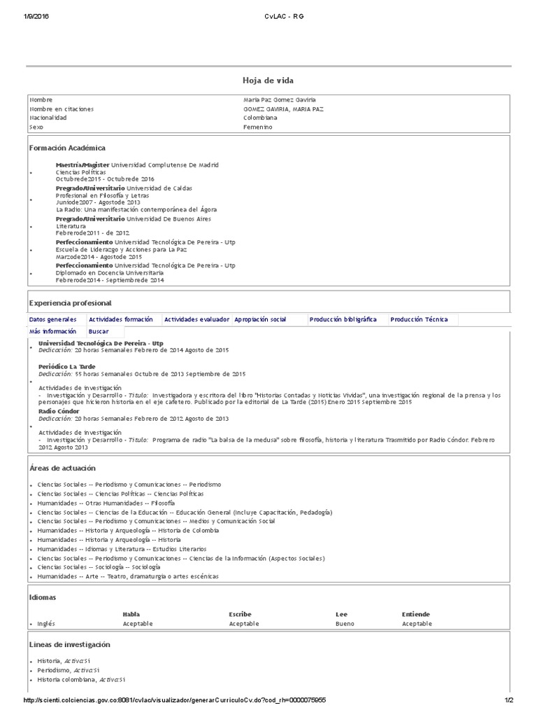 CvLAC - Maria Paz | PDF | Humanidades | Academia