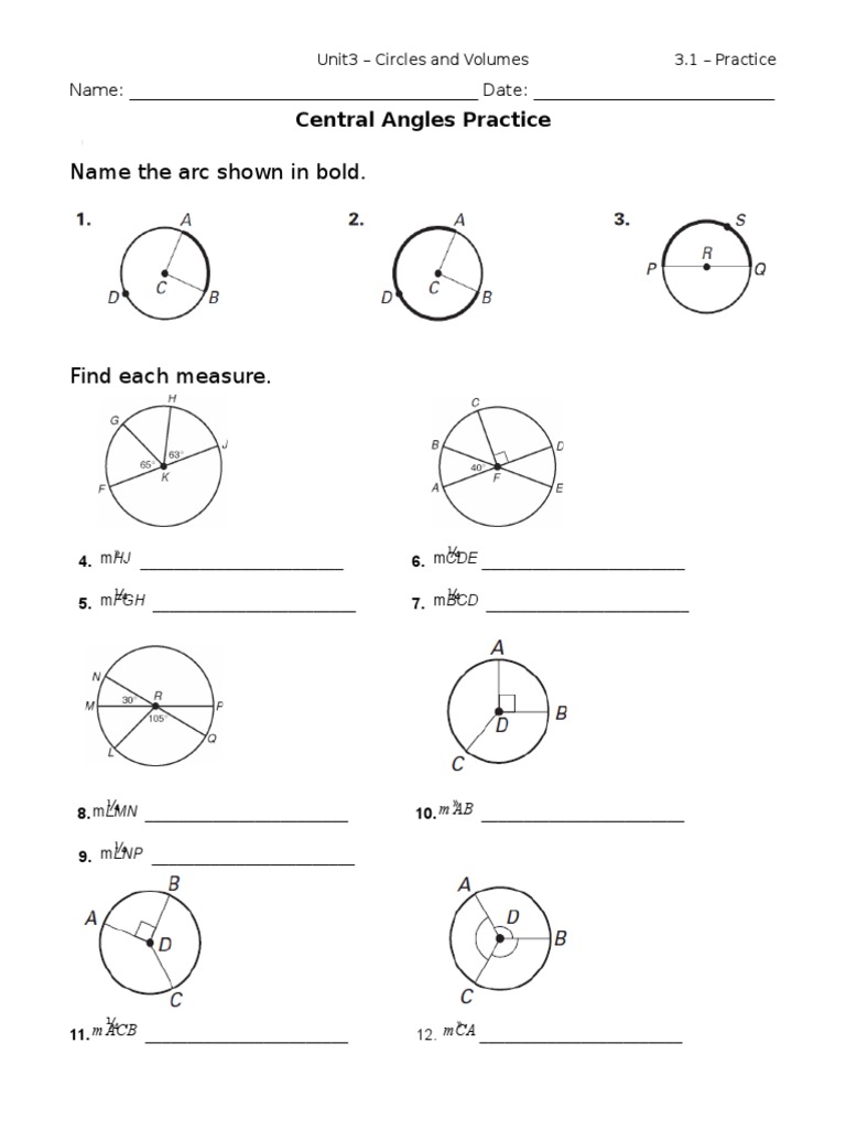 Name The Arc Shown in Bold.: Central Angles Practice | PDF | Technology ...