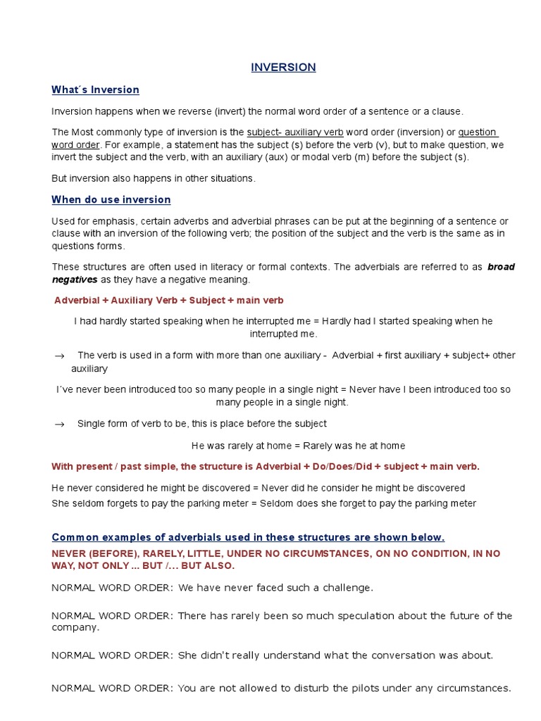 INVERSION | PDF | Subject (Grammar) | Verb