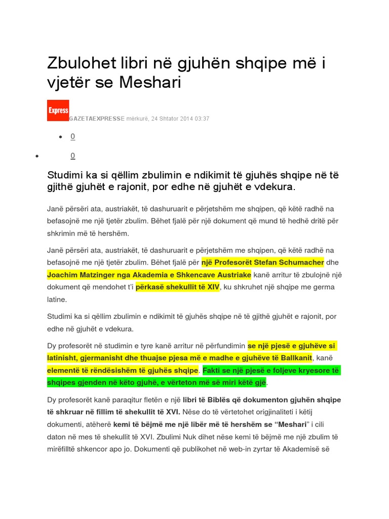 Zbulohet Libri Në Gjuhën Shqipe Më I Vjetër Se Meshari | PDF