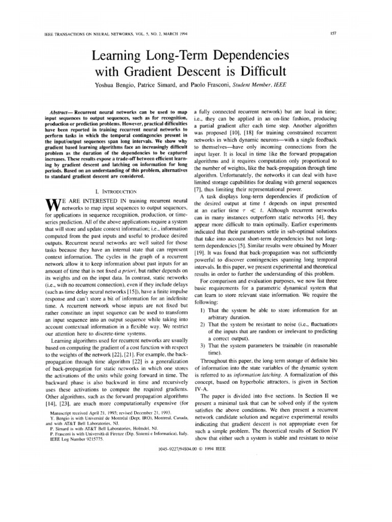 Bengio 1994 Learning Long Term Dependencies With Gradient Descent Is Difficult | PDF