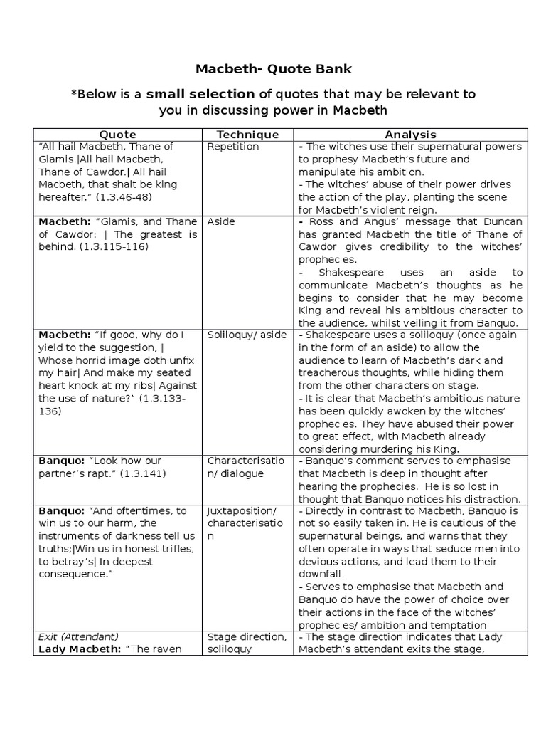 Macbeth and The Abuse of Power - Quote Bank | PDF | Macbeth ...