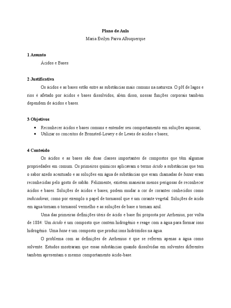 Plano de Aula - Acidos e Bases | PDF | Ácido | Ph