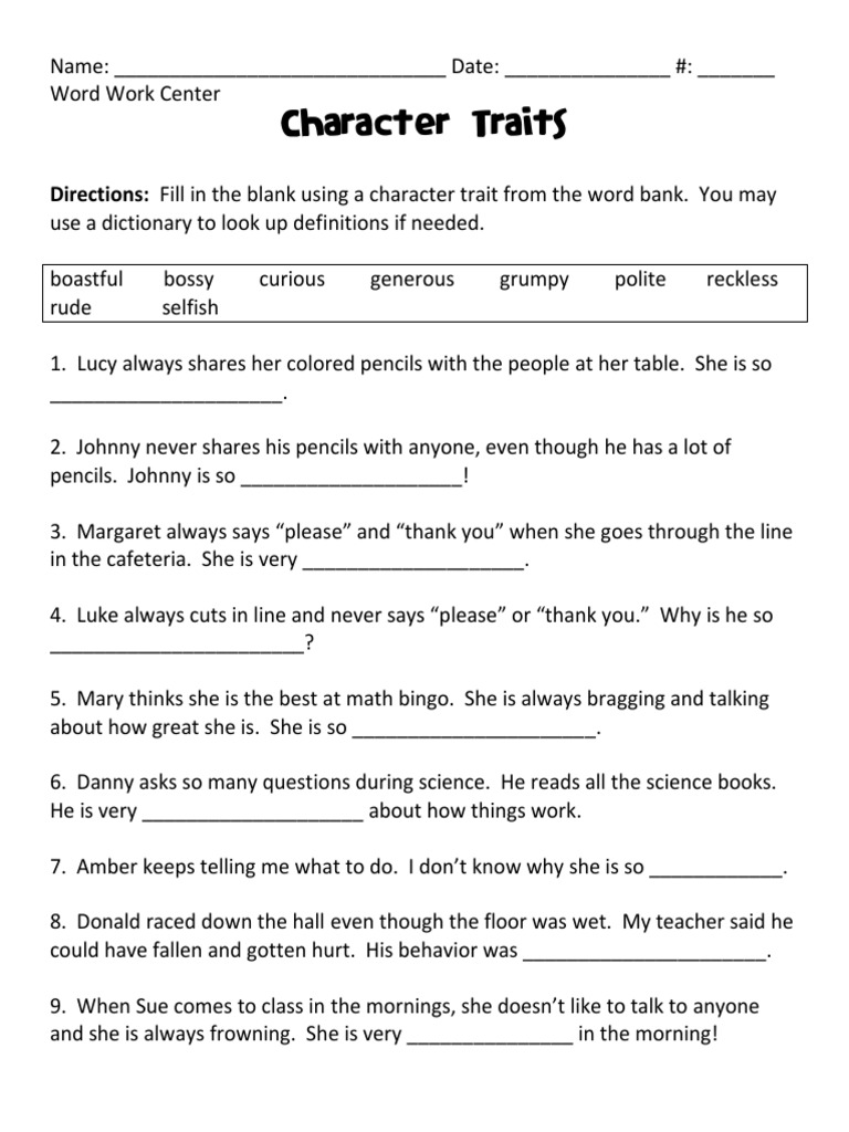 Character Traits Fillinthe Blank Worksheet | PDF
