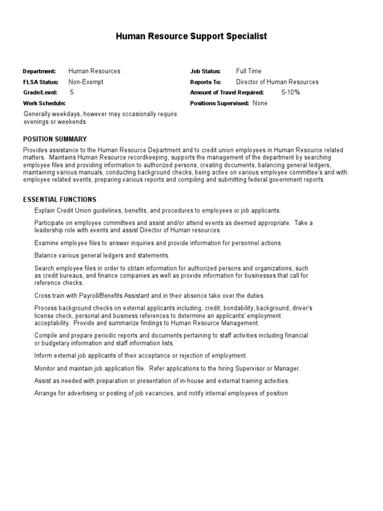 Human Resource Support Specialist | PDF | Employment | Labour