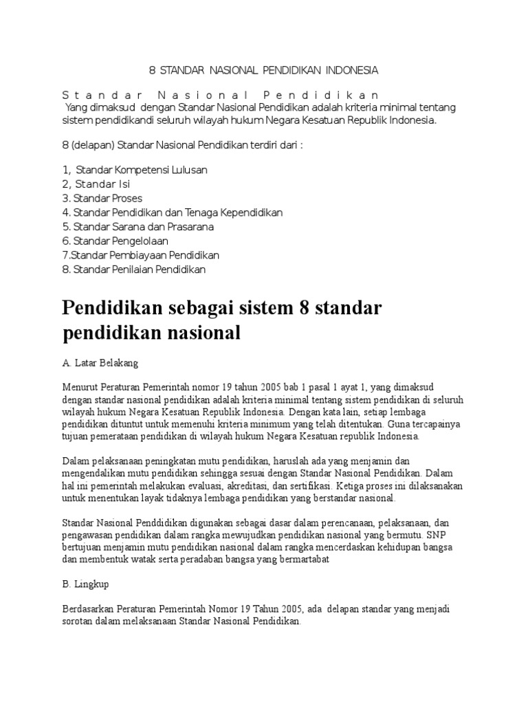 8 Standar Nasional Pendidikan Indonesia | PDF