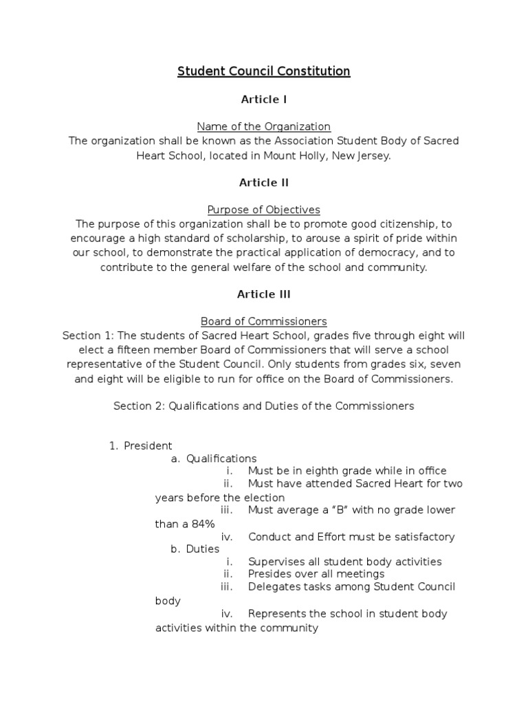 Sacred Heart School Student Council Constitution | PDF | Article One Of ...