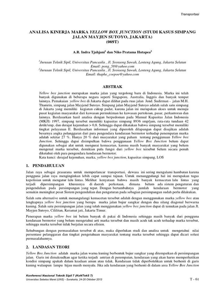 Analisa Kinerja Marka Yellow Box Junction (Studi Kasus Simpang Jalan ...