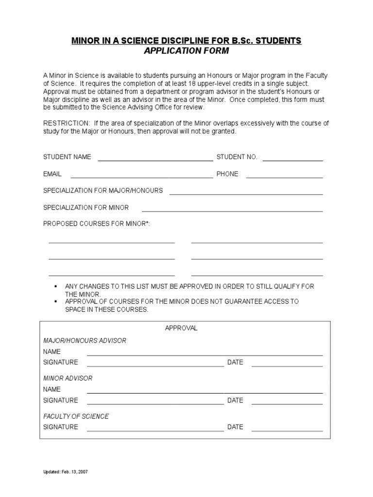 Minor in A Science Discipline For B.Sc. Students: Application Form | PDF