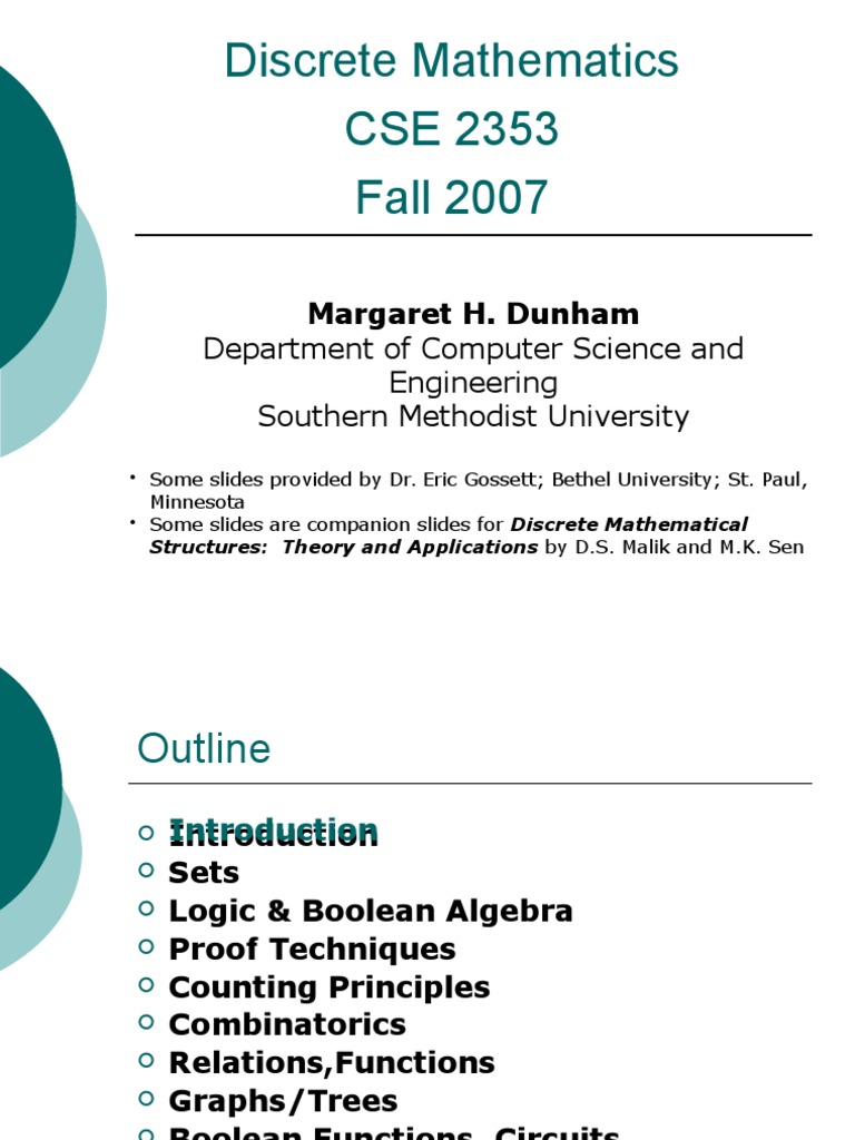 Discrete Mathematics CSE 2353 Fall 2007: Department of Computer Science and Engineering Southern ...