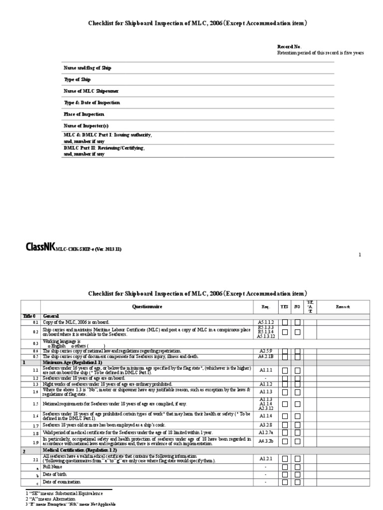 MLC Inspection Checklist | Sailor | Occupational Safety And Health