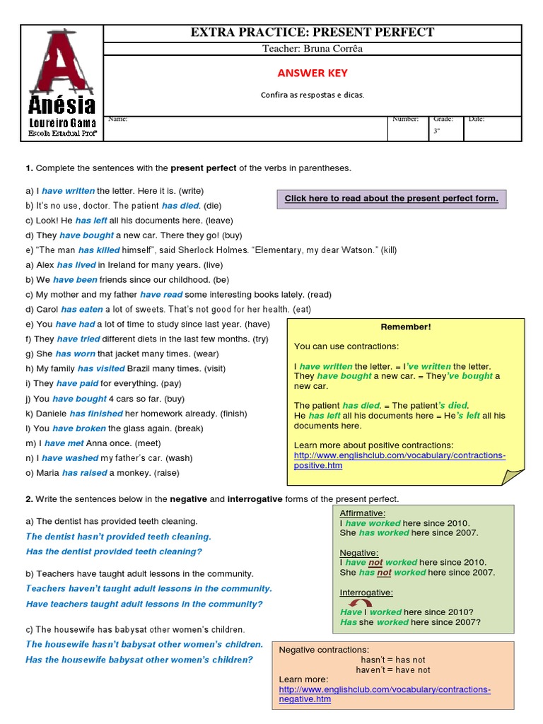 Present Perfect Extra Practice 3 Ano - Answer Key PDF | PDF | Verb ...
