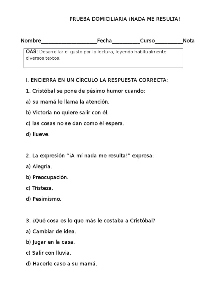 Prueba Lectura Nada Me Resulta | PDF | Ocio