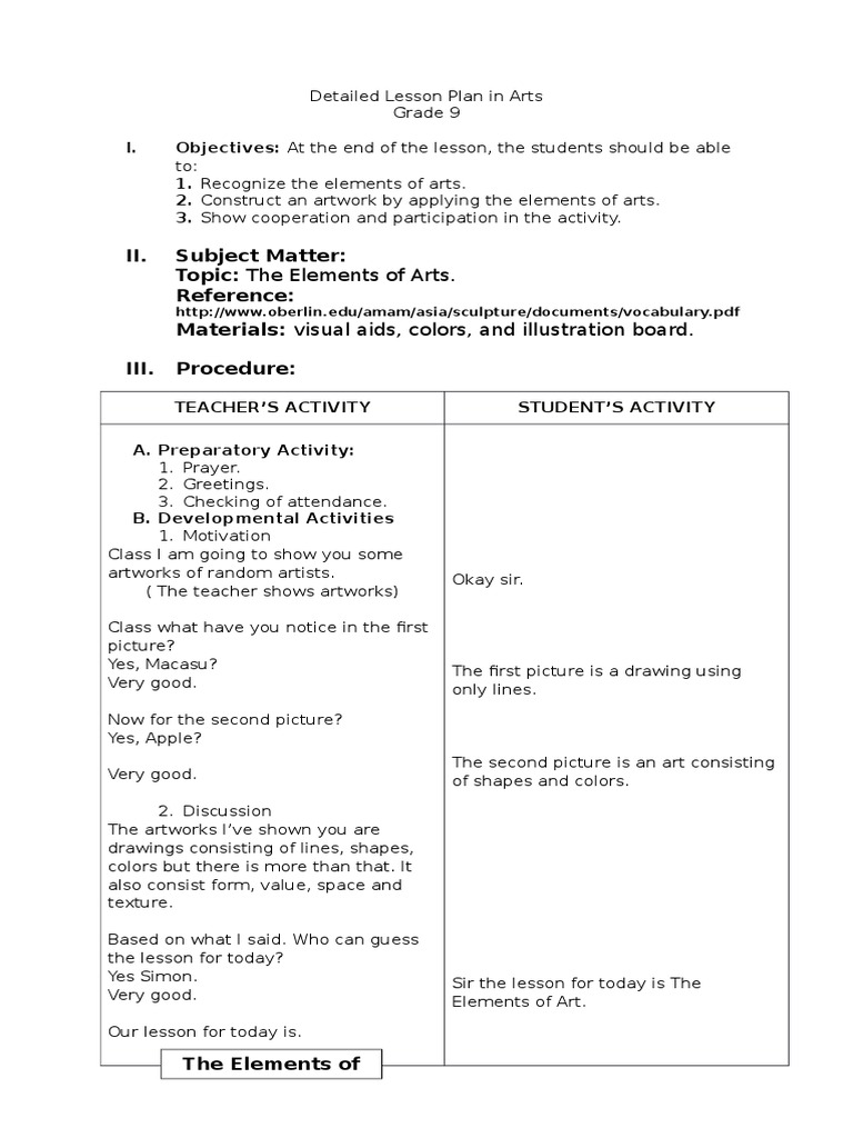Detailed Lesson Plan in Arts | PDF | Shape | Color