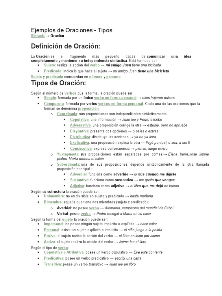 Ejemplos de Oraciones | Oración (Lingüística) | Verbo