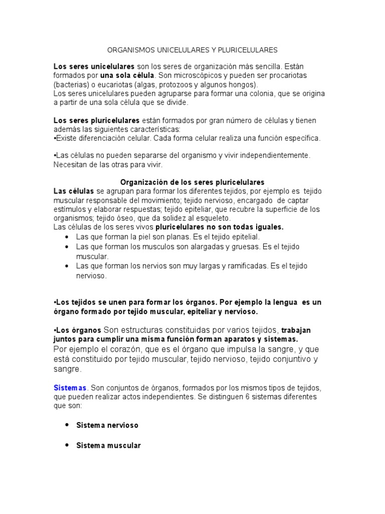 Organismos Unicelulares y Pluricelulares | PDF | Organismos | Tejido ...