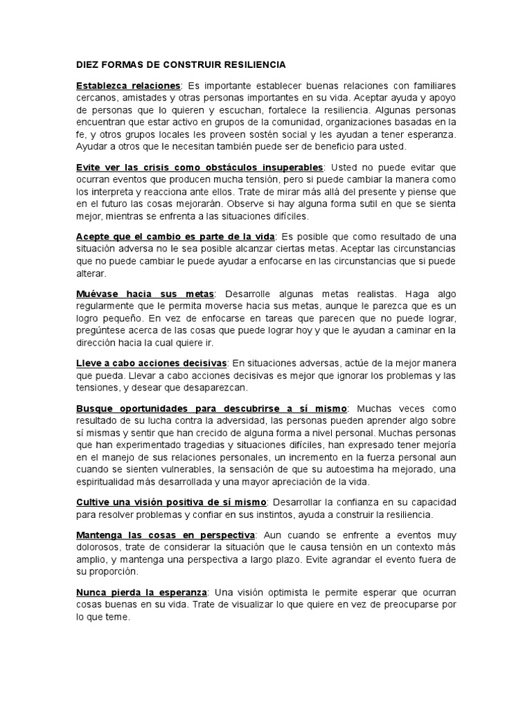 Diez Formas de Construir Resiliencia | PDF | Resiliencia psicológica | Trauma psicólogico