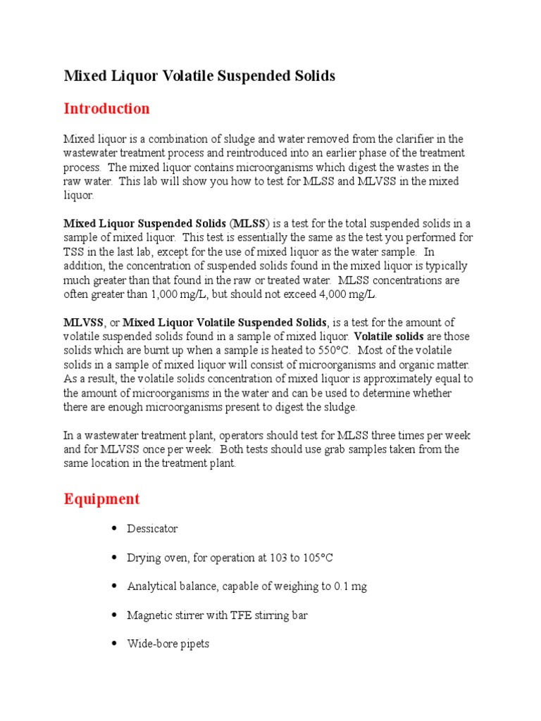 Mixed Liquor Volatile Suspended Solids | PDF | Environmental ...
